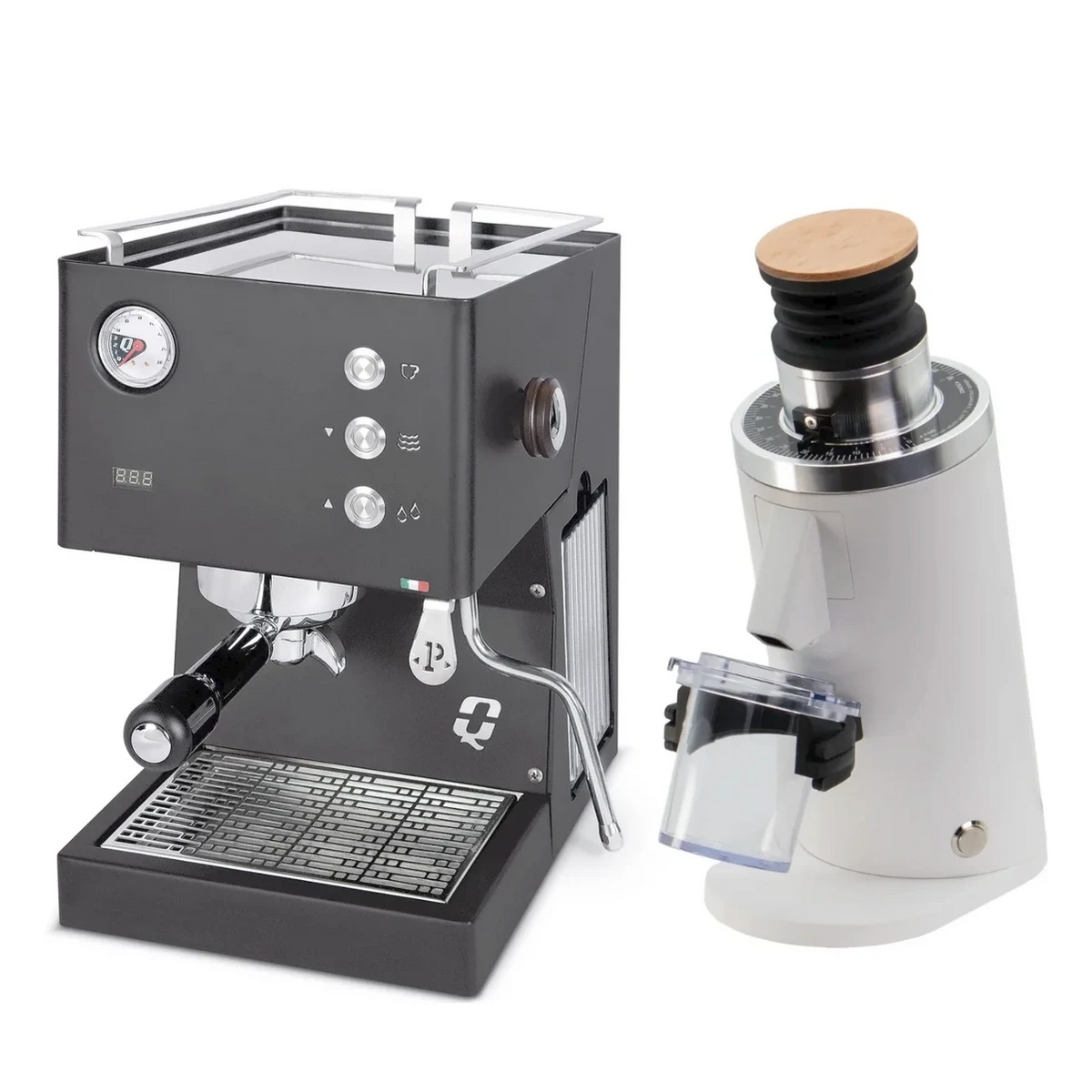 Quick Mill Pop-up (Black) Espresso Machine & DF64 Gen 2 Grinder (White