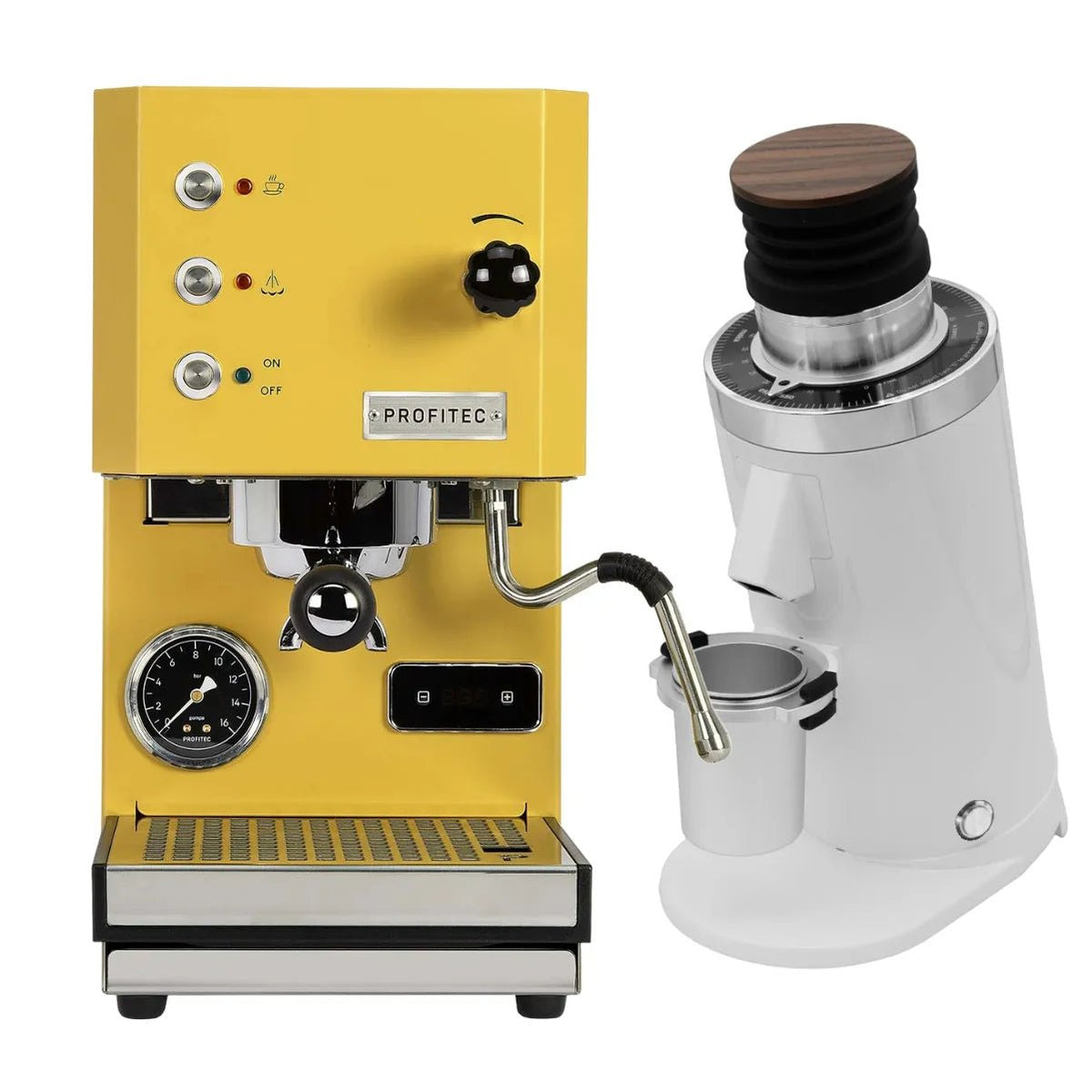 Profitec Go (Yellow) Espresso Machine & DF64 Gen 2 Grinder (White) Bun