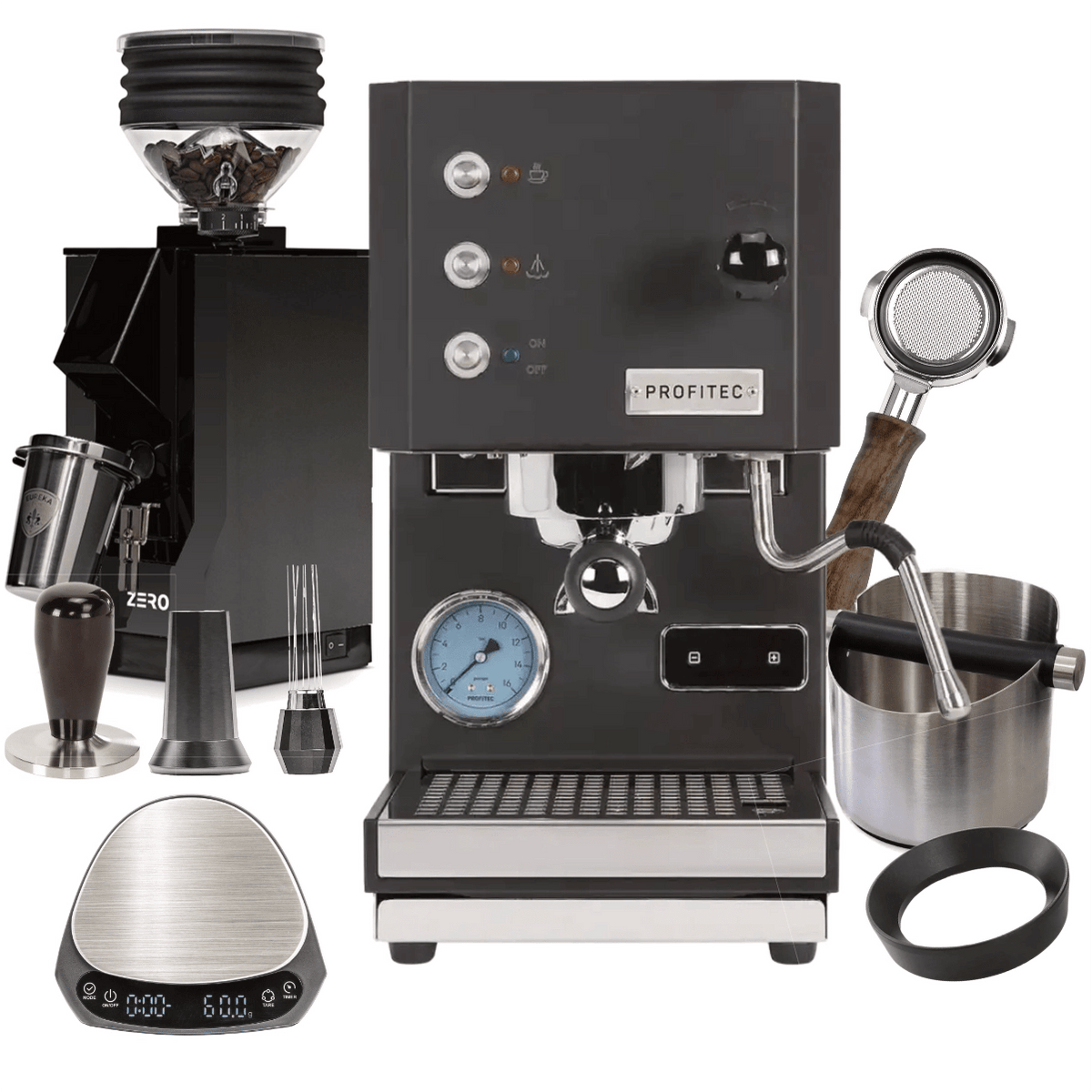 Profitec Go Espresso Machine (Black) & Eureka Zero Grinder (Black w/ B